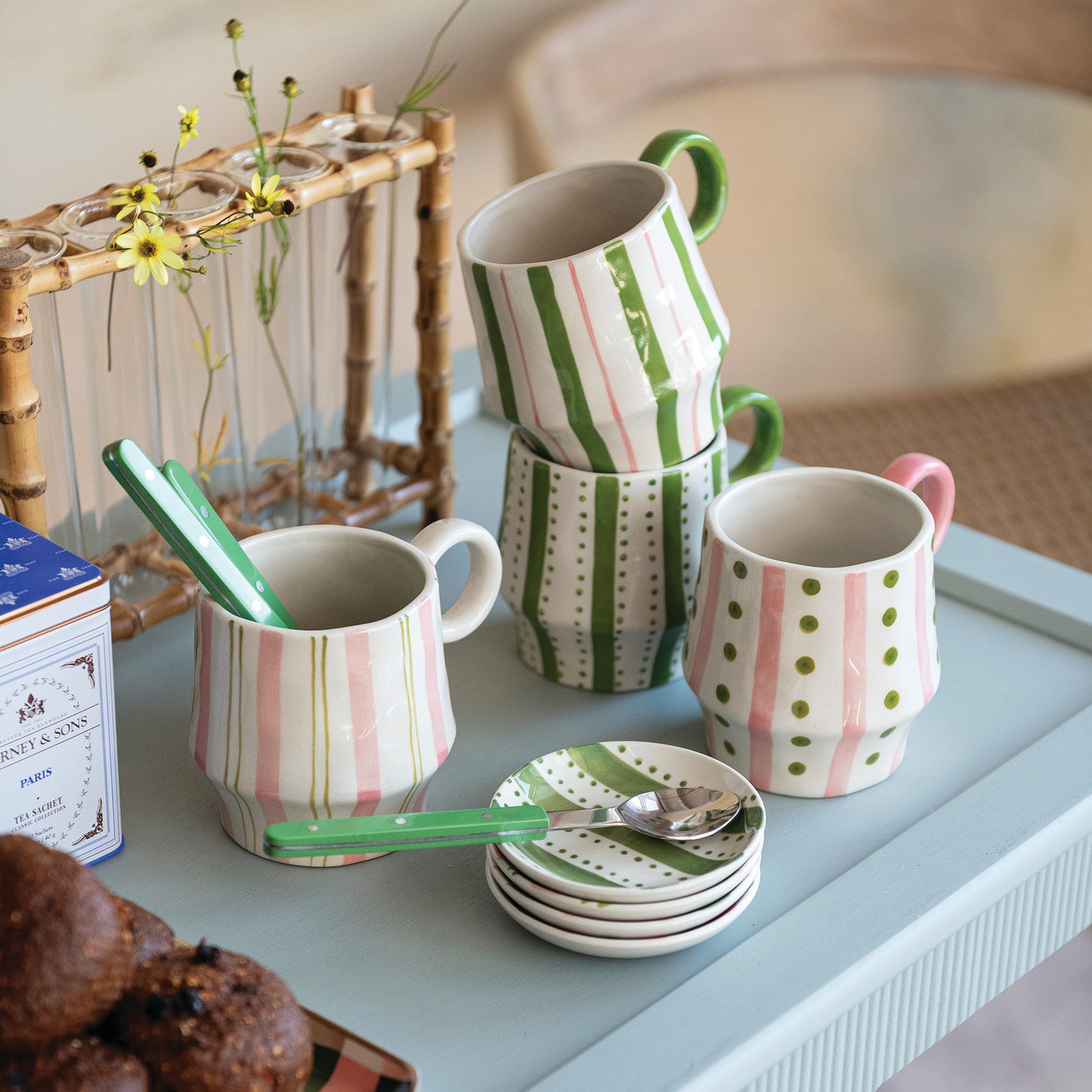 16 oz. Hand-Painted Stoneware Mug with Striped Pattern, 4 Styles ...